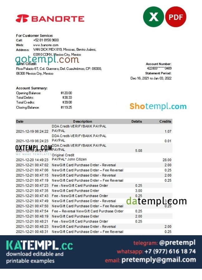generate Mexico Banorte bank statement Excel and PDF