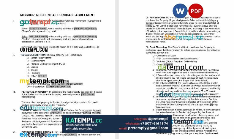 generate Missouri residential purchase agreement , Word and PDF format