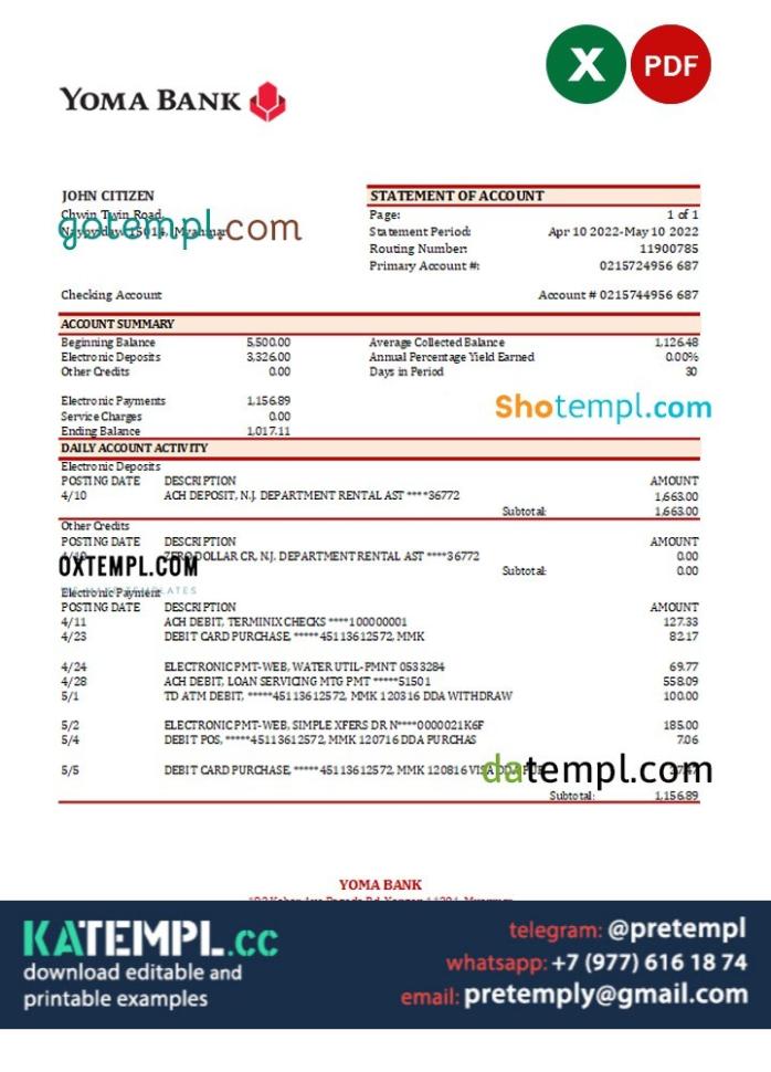 generate Myanmar Yoma bank statement Excel and PDF