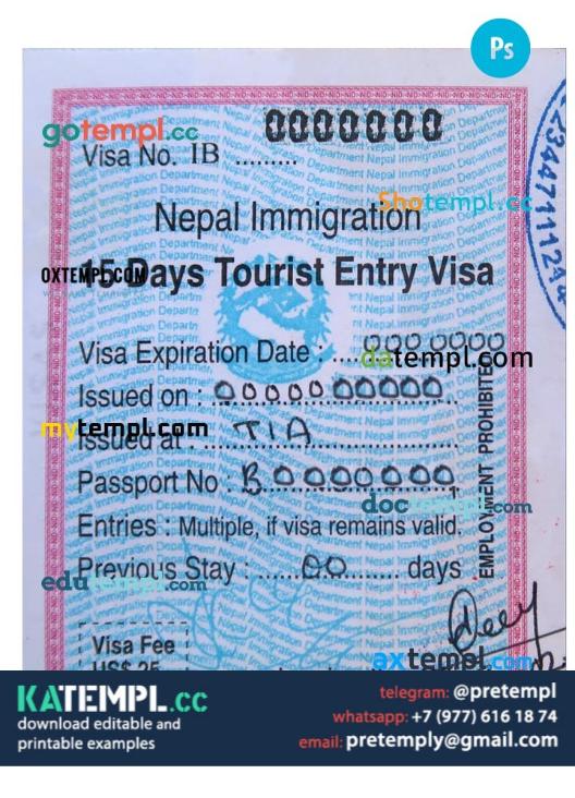 generate Nepal tourist entry visa PSD , with fonts
