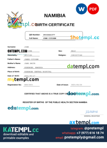 generate Namibia birth certificate Word and PDF , completely editable