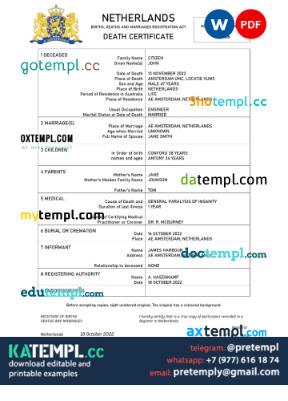 generate Netherlands vital record death certificate Word and PDF