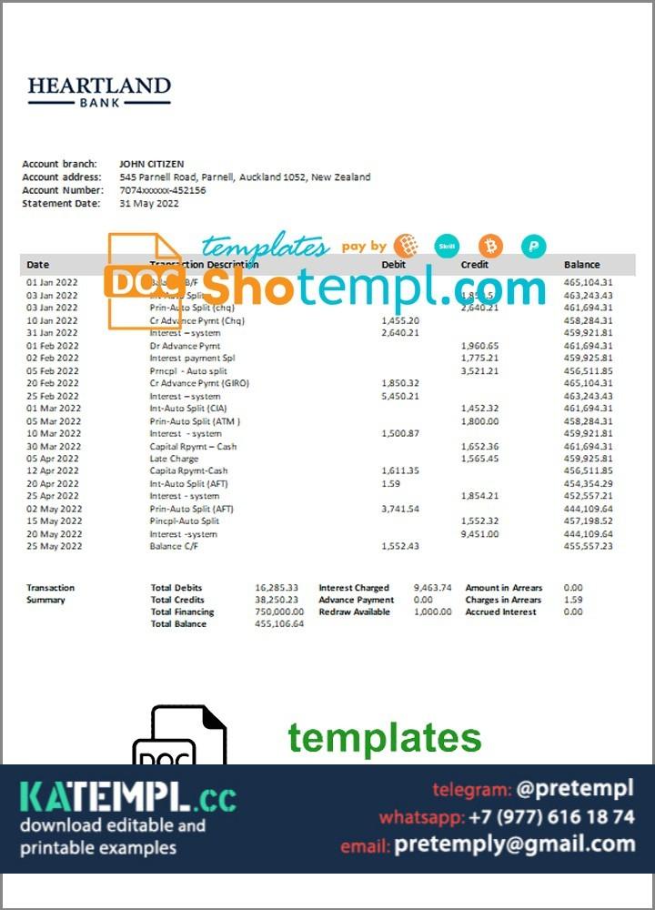 generate New Zealand Heartland bank statement in Word and PDF format