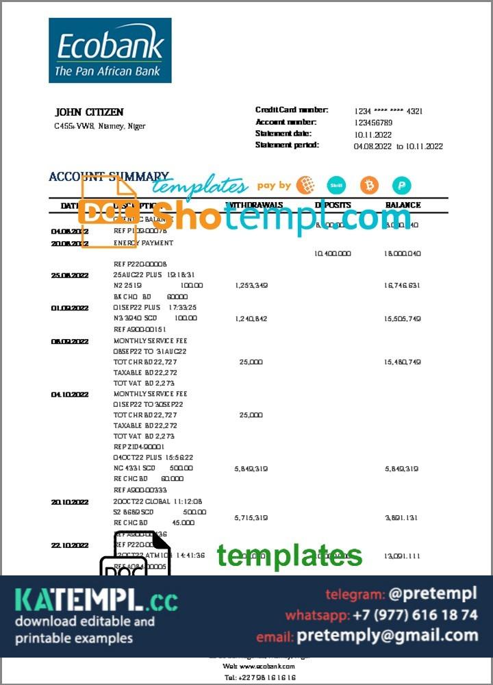 generate Niger Ecobank bank statement in Word and PDF format