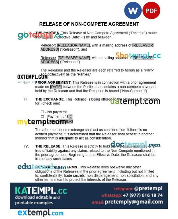 generate non-compete release form , Word and PDF format