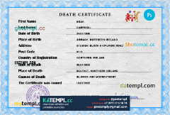 generate Northern Ireland death certificate PSD , completely editable
