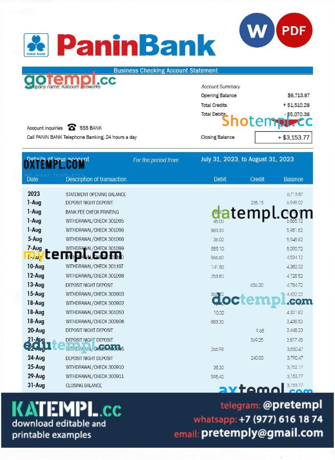generate Panin Bank organization checking account statement Word and PDF