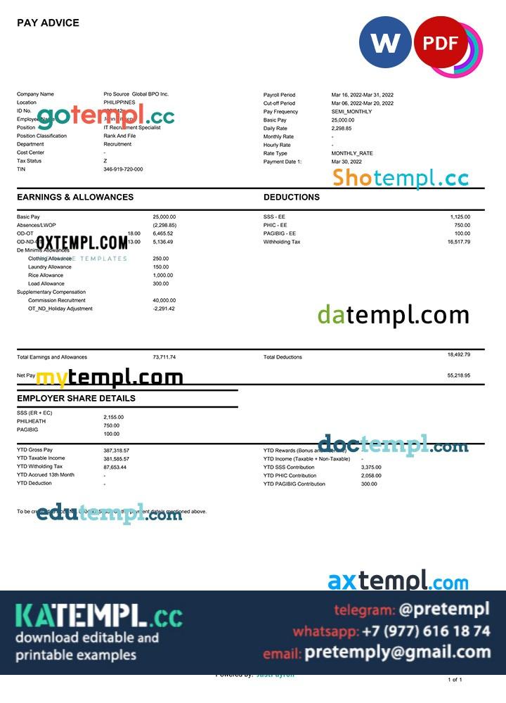 generate Philippines Pro Source Global BPO Inc. paystub in Word and PDF ...