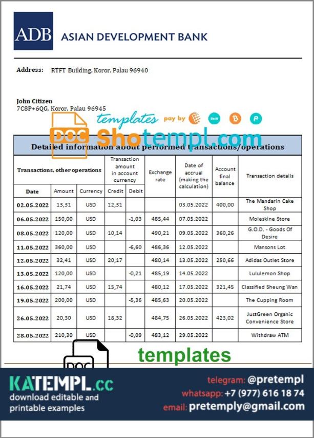 generate Palau ADB bank statement in Word and PDF format