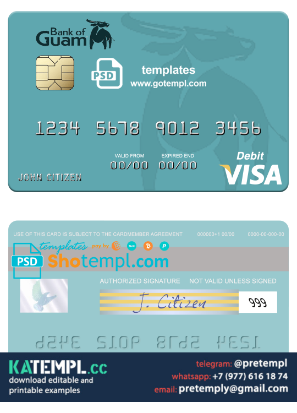 generate Palau Bank of Guam visa debit card, fully editable in PSD format