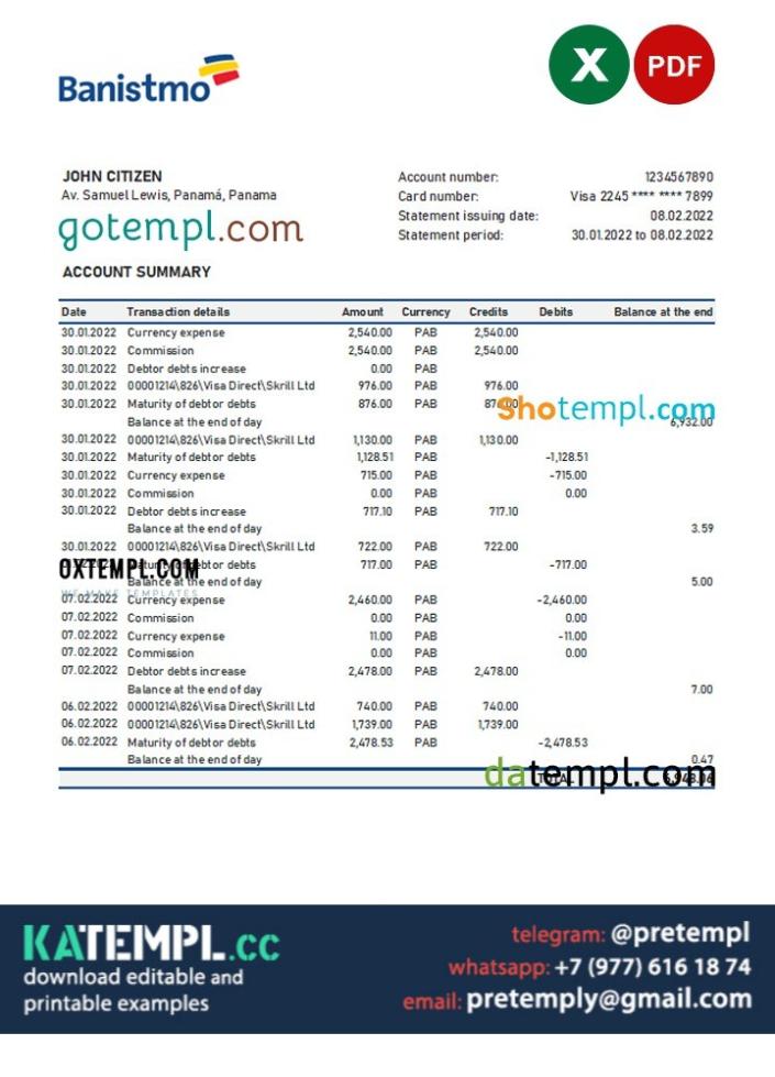 generate Panama Banistmo bank statement Excel and PDF