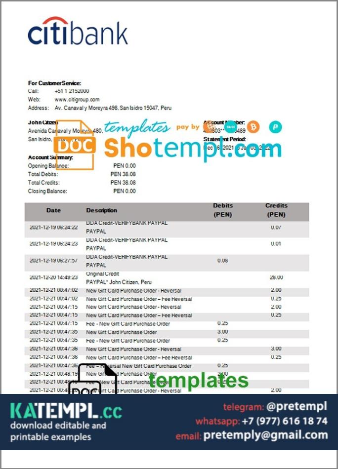 generate Peru Citibank bank statement in Word and PDF format