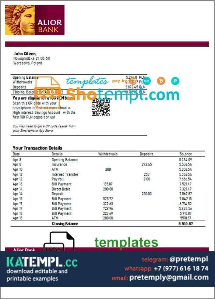 generate Poland Alior bank statement in Word and PDF format