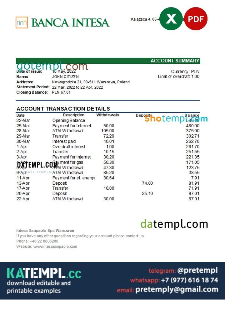generate Poland Banca Intesa bank statement Excel and PDF