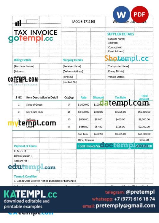 generate Printable Tax Invoice in word and pdf format