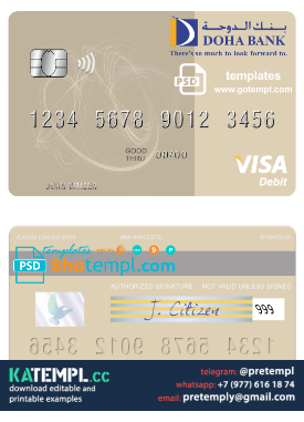 generate Qatar Doha Bank visa debit card, fully editable in PSD format