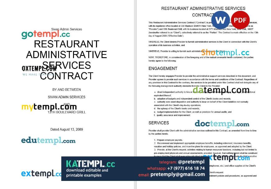 generate restaurant administrativeervices contract , Word and PDF format