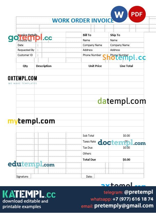generate Restaurant Work Order Invoice in word and pdf format