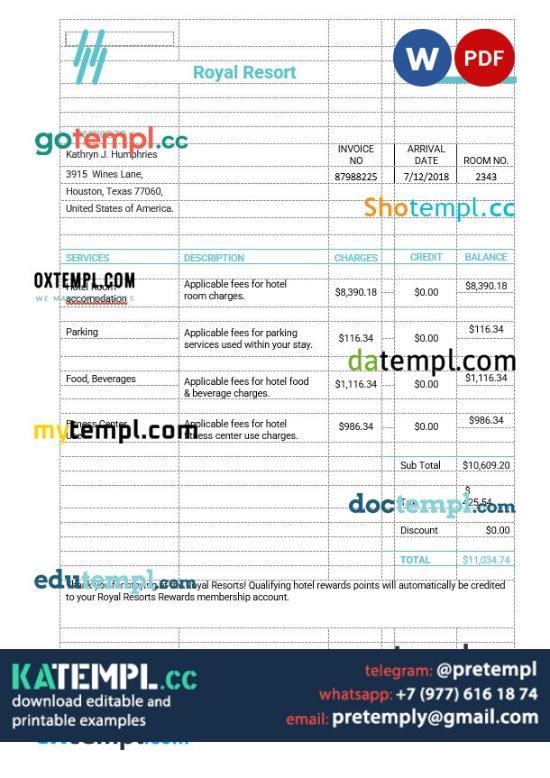 generate Royal Resort Invoice in word and pdf format