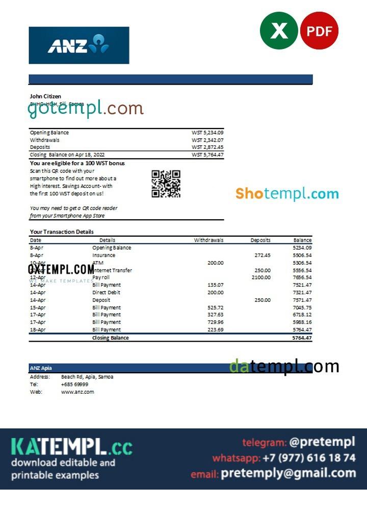 generate Samoa ANZ bank statement , Excel and PDF