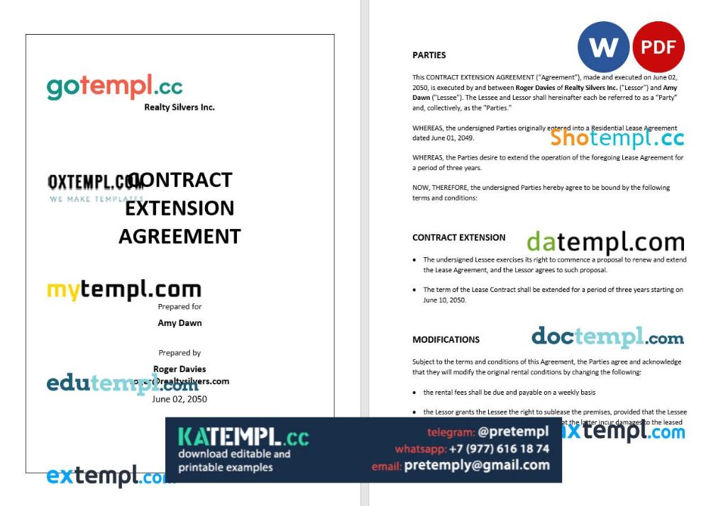generate sample contract extension agreement , Word and PDF format