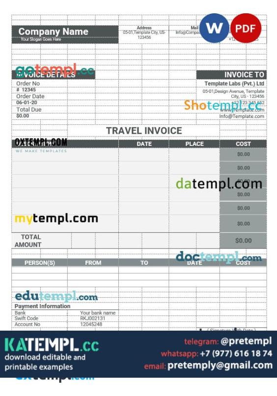 generate Sample Travel Invoice in word and pdf format