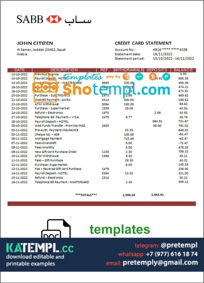 generate Saudi Arabia SABB bank statement in Word and PDF format