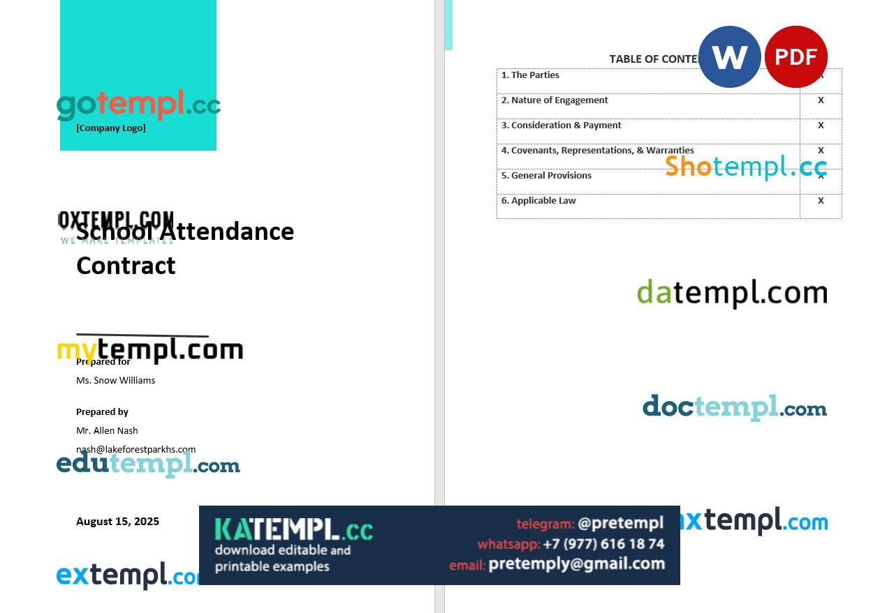 generate school attendance contract , Word and PDF format