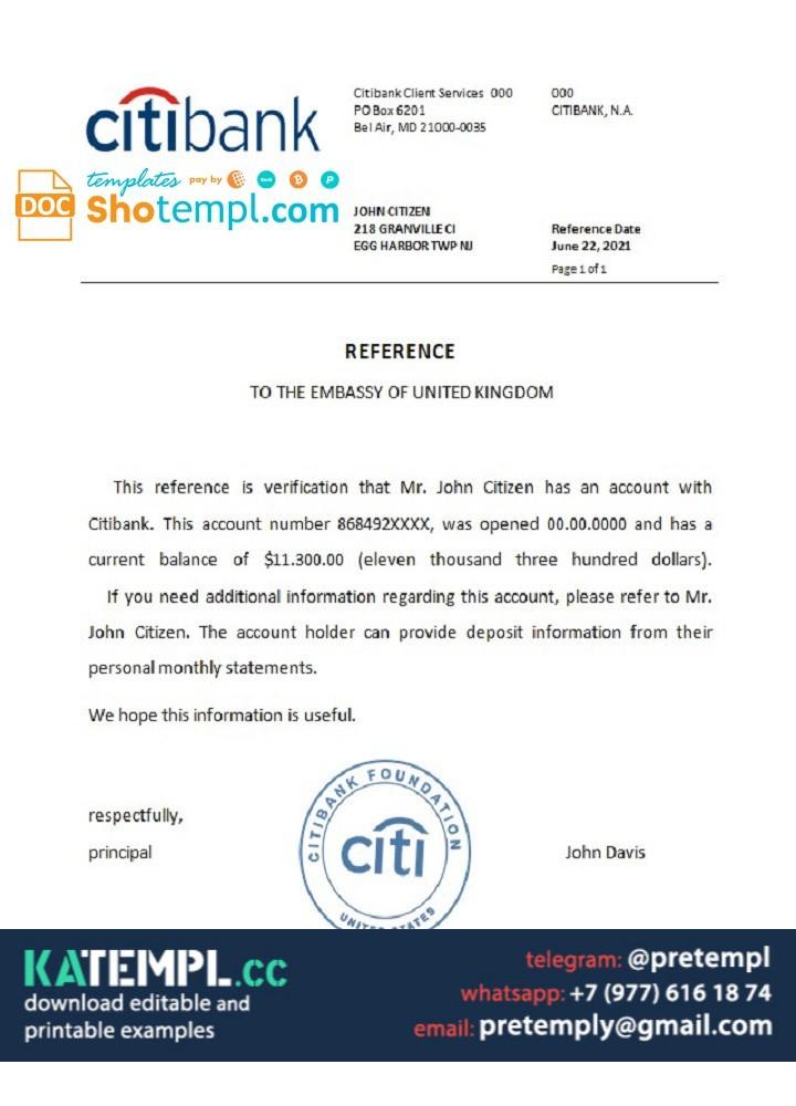 generate USA Citibank bank account reference letter in Word and PDF format