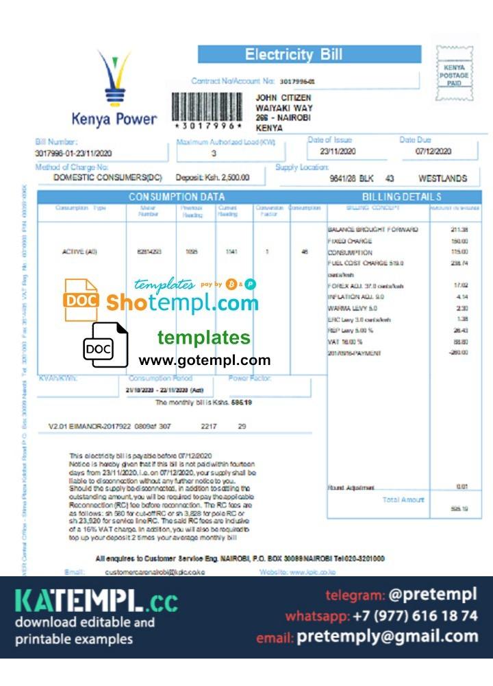 generate Kenya Power utility bill in Word and PDF format