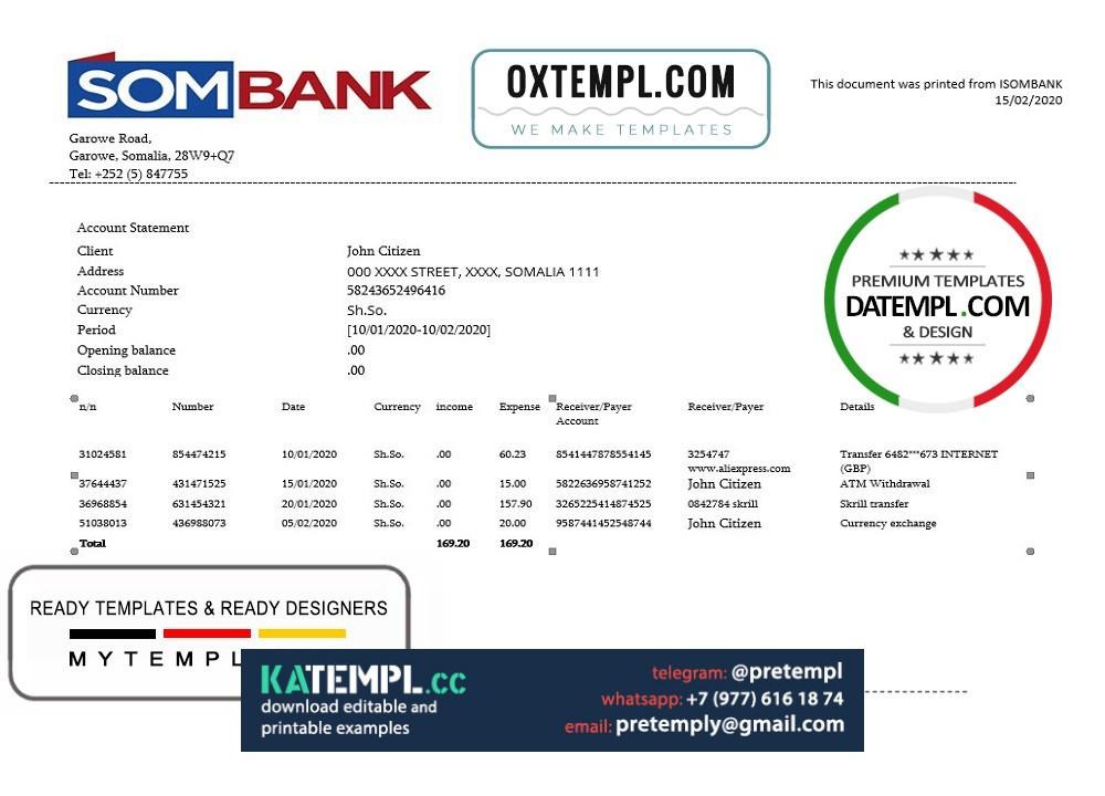 generate Somalia Sombank bank statement in Word and PDF format