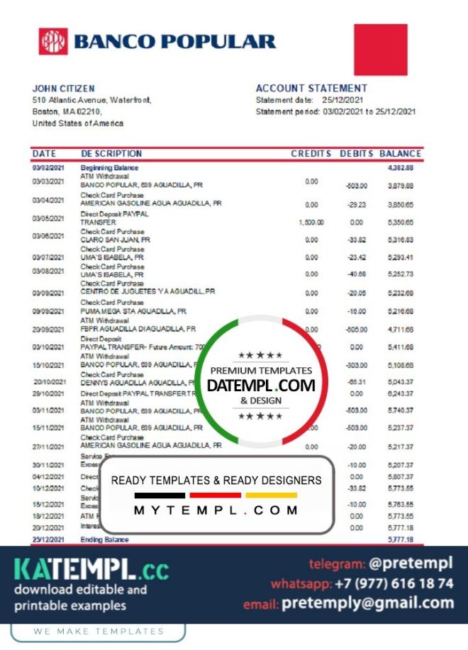 generate Portugal Banco Popular bank statement in Excel and PDF format, .xls and .pdf format
