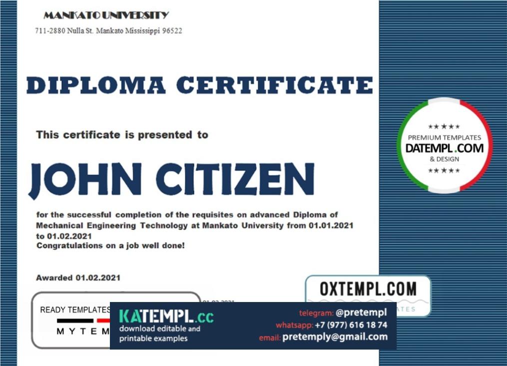 generate USA Mechanical Diploma certificate in Word and PDF format