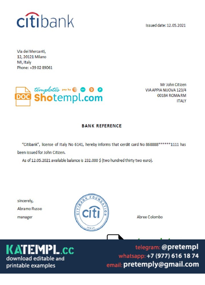 generate Italy Citibank bank account reference letter in Word and PDF ...