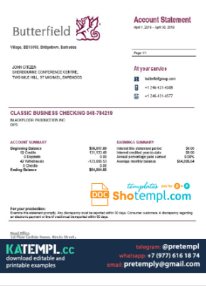 generate Barbados Butterfield proof of address bank statement in Word ...