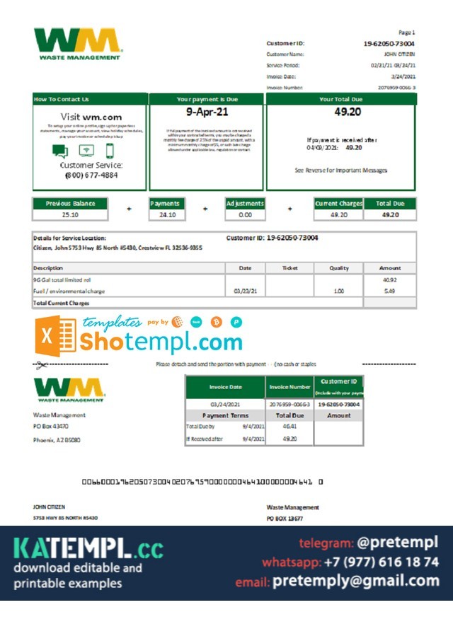 generate USA Waste Management bank statement in Excel and PDF format