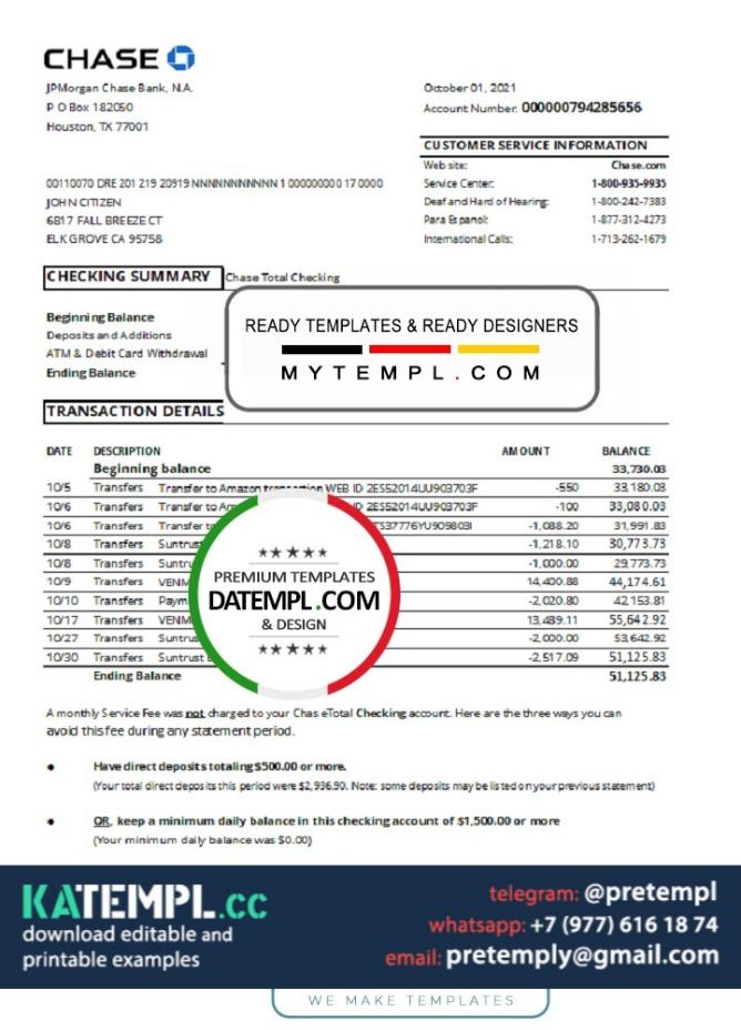 generate USA Chase account statement easy to fill in Excel and PDF format