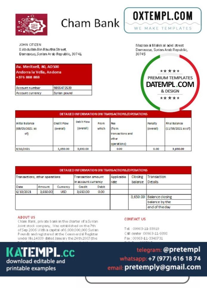 generate Syria Cham Bank proof of addresstatement in Excel and PDF ...