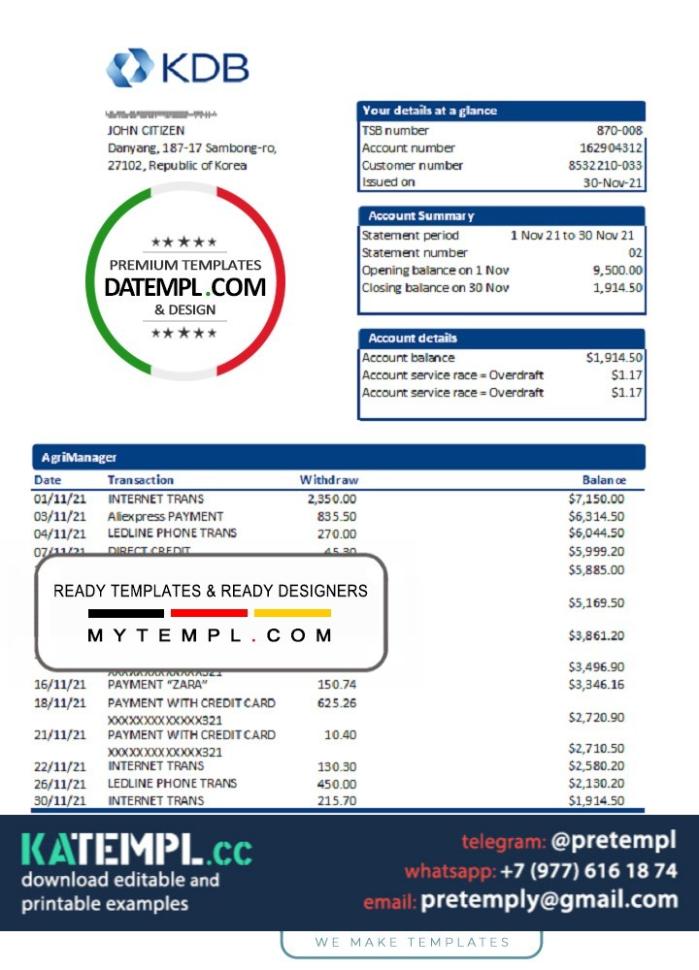 generate South Korea KDB bank statement easy to fill in Excel and PDF ...