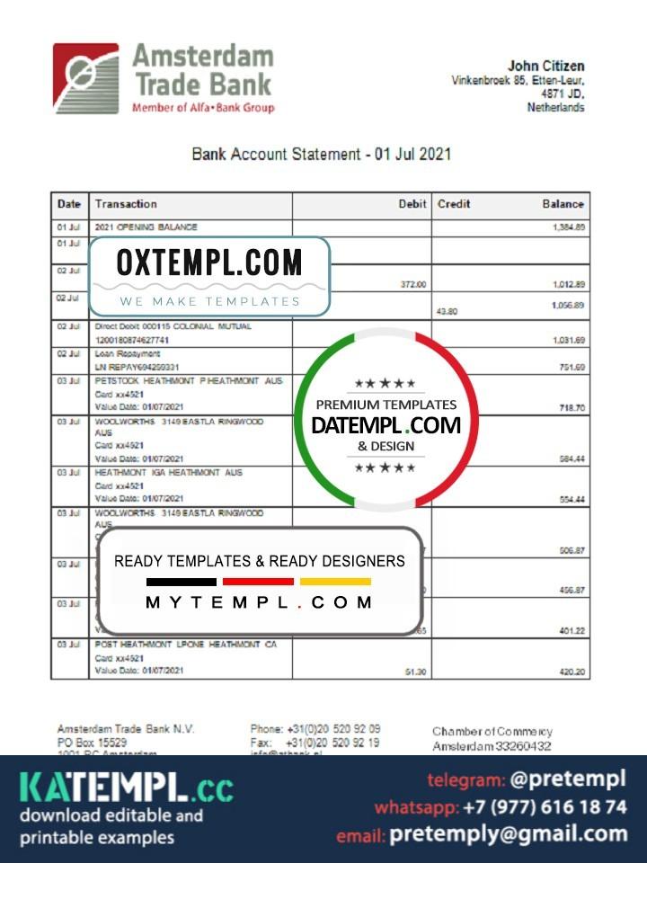 generate Netherlands Amsterdam Trade Bank statement in Word and PDF format