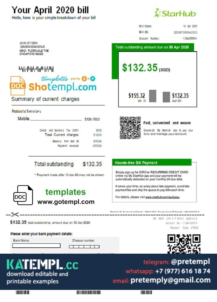 generate Singapore StarHub utility bill in Word and PDF format