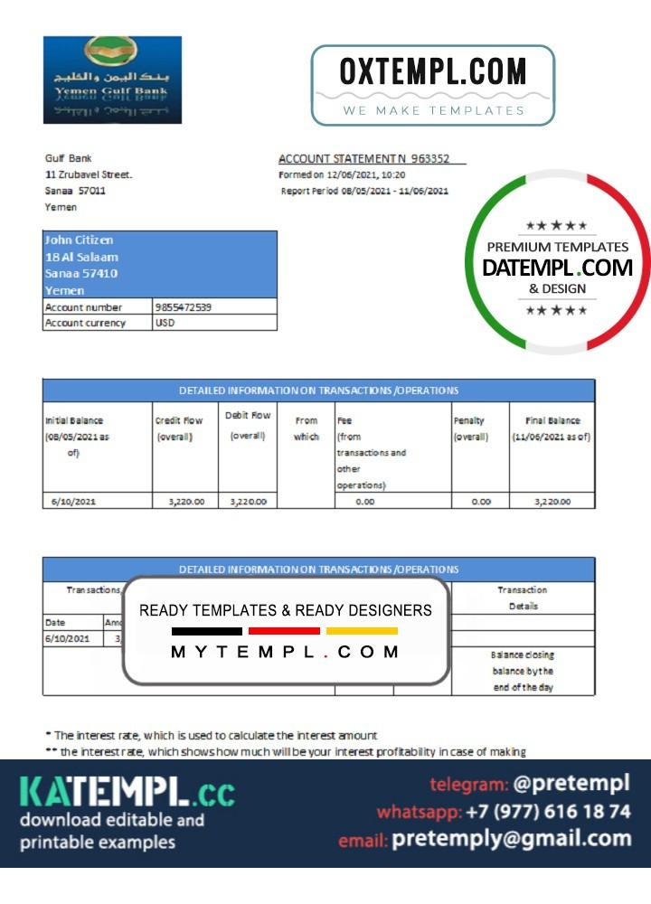generate Yemen Gulf Bank statement in Excel and PDF format
