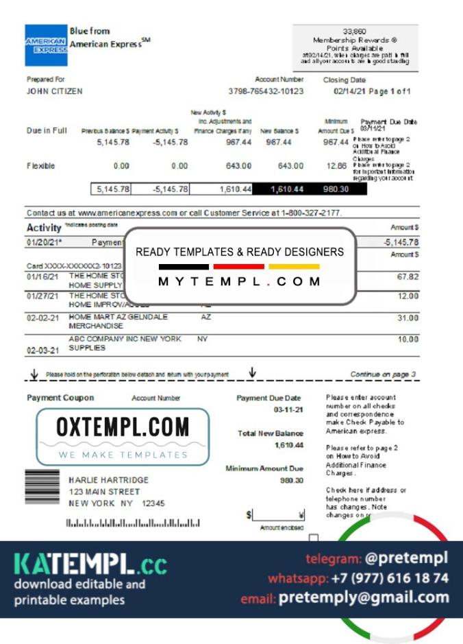 generate USA New York American Express Blue bank statement in Excel and ...