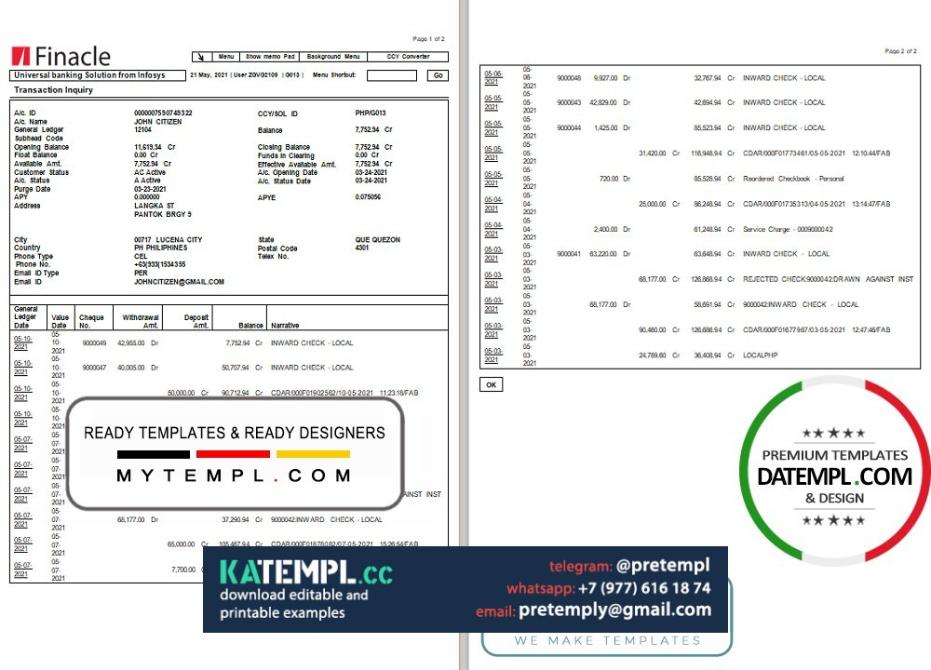generate India Finacle bank statement in Excel and PDF format (2 pages)