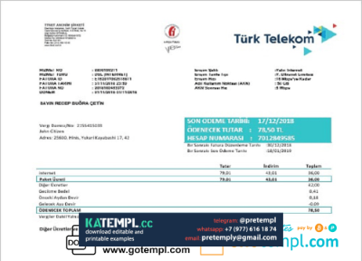generate Turkey Turktelekom utility bill in Word and PDF format, fully ...