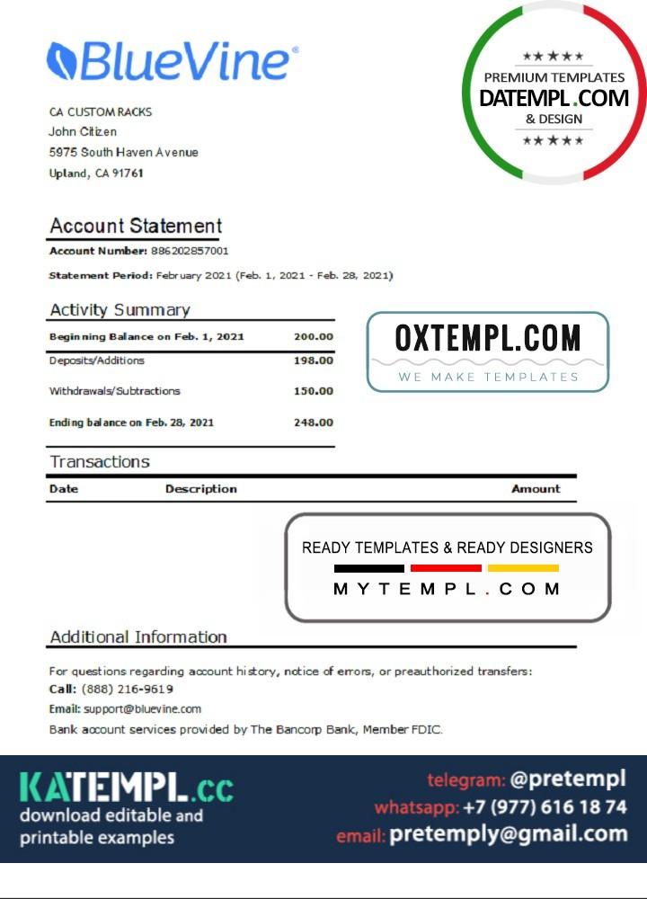 generate USA California BlueVine bank statement easy to fill in .xls ...