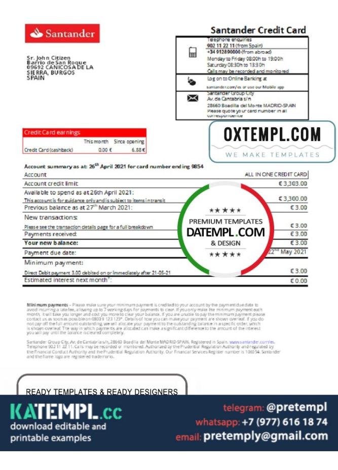 generate Spain Santander credit card proof of address bank statement in ...