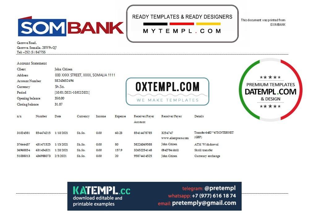generate Somalia Sombank bank statement in Excel and PDF format