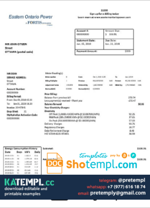 generate Canada Eastern Ontario Power utility bill in Word and PDF format