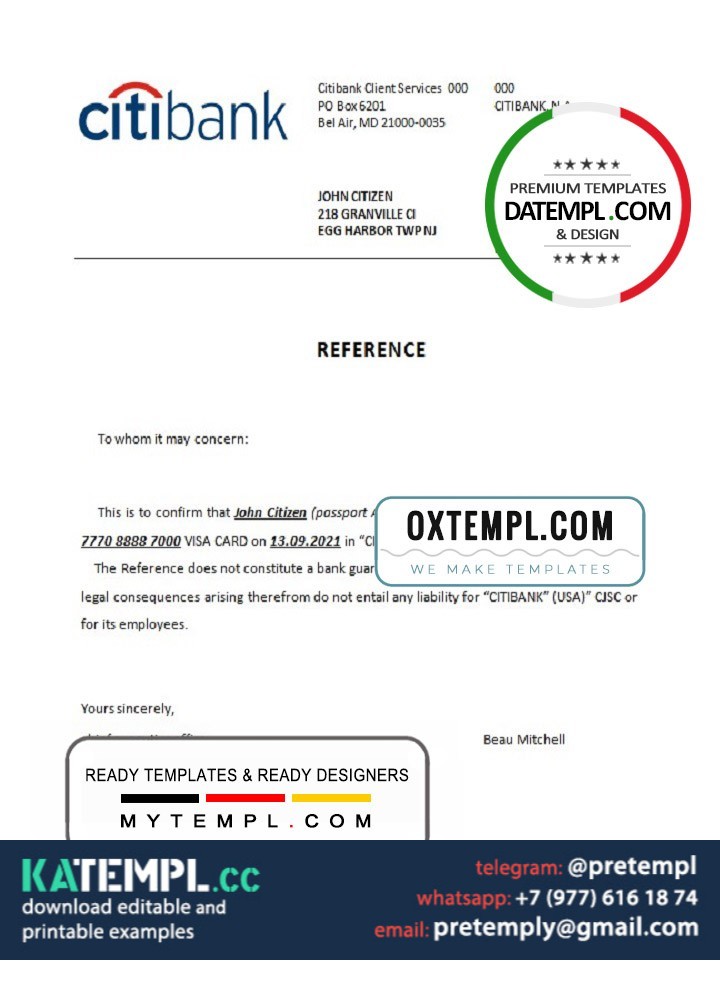 generate USA Citibank bank account closure reference letter in Word and ...